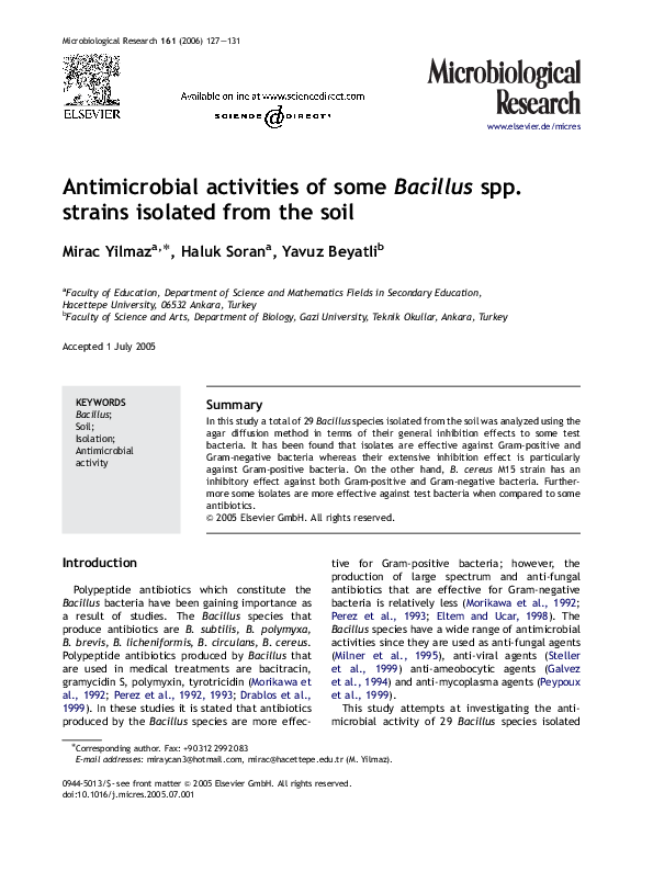 (PDF) Antimicrobial activities of some Bacillus spp. strains isolated from the soil | Haluk ...