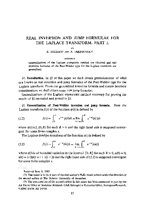 (PDF) Real inversion and jump formulae for the Laplace transform. Part I
