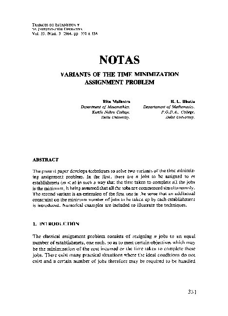 Pdf Variants Of The Time Minimization Assignment Problem Rita Malhotra