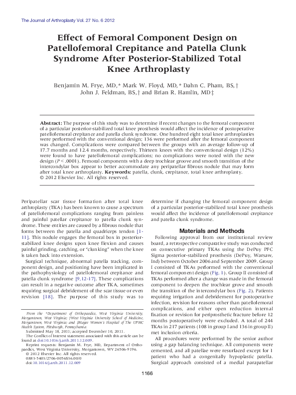 (PDF) Effect of Femoral Component Design on Patellofemoral Crepitance ...