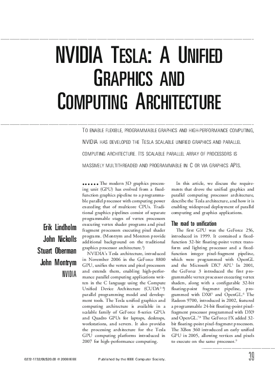 (PDF) NVIDIA Tesla: A Unified Graphics and Computing Architecture