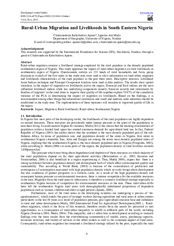 (PDF) Rural-Urban Migration and Livelihoods in South Eastern Nigeria