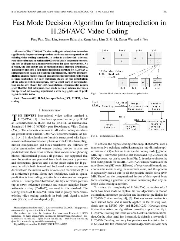 Fast Mode Decision Algorithm For Intraprediction In H264avc Video Coding 3011