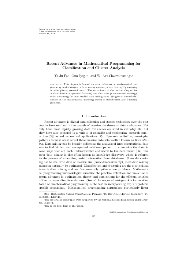 (PDF) Recent Advances in Mathematical Programming for Classification and Cluster Analysis