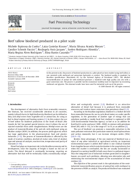 (PDF) Beef tallow biodiesel produced in a pilot scale