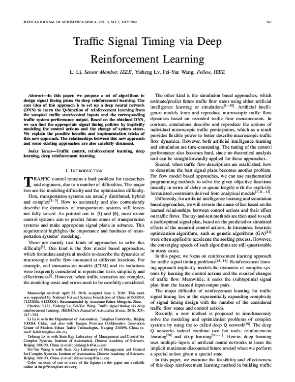 (PDF) Traffic Signal Timing via Deep Reinforcement Learning