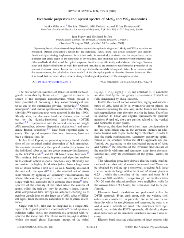 (PDF) Electronic properties and optical spectra of MoS2 and WS2 nanotubes