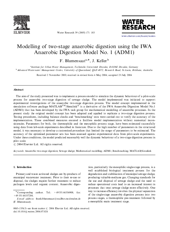 (PDF) Modelling of two-stage anaerobic digestion using the IWA Anaerobic Digestion Model No. 1 (ADM1