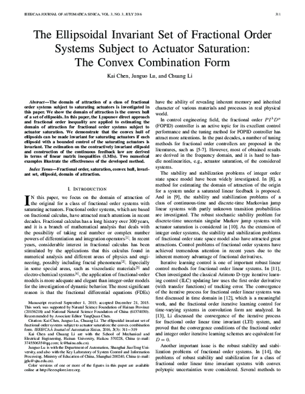 (PDF) The Ellipsoidal Invariant Set of Fractional Order Systems Subject to Actuator Saturation ...