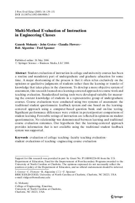 (PDF) Multi-Method Evaluation of Instruction in Engineering Classes