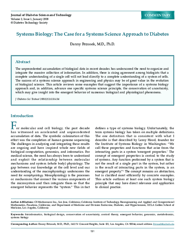(PDF) Systems Biology: The Case for a Systems Science Approach to Diabetes