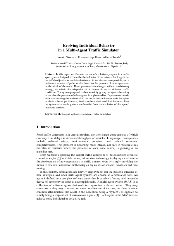 (PDF) Evolving Individual Behavior in a Multi-agent Traffic Simulator