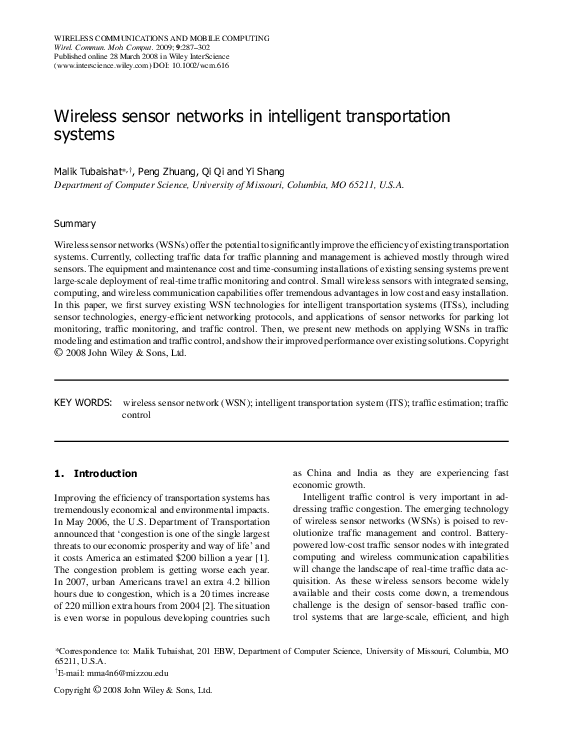 (PDF) Wireless sensor networks in intelligent transportation systems