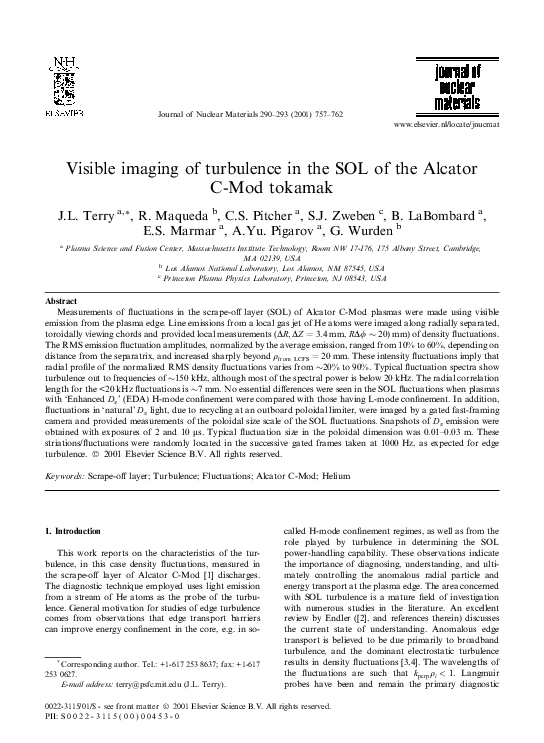 (PDF) Visible imaging of turbulence in the SOL of the Alcator C-Mod tokamak | Glen Wurden ...