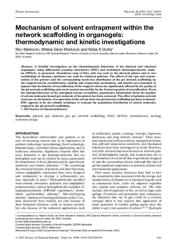 (PDF) Solvent Entrapment in Organogels: Kinetics & Thermodynamics