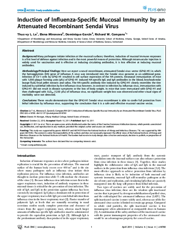 (PDF) Induction of Influenza-Specific Mucosal Immunity by an Attenuated ...