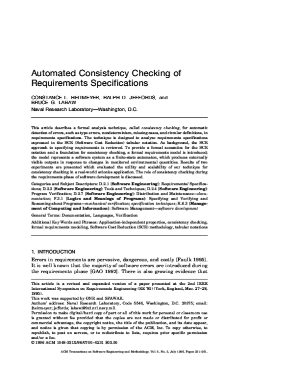 (PDF) Automated consistency checking of requirements specifications