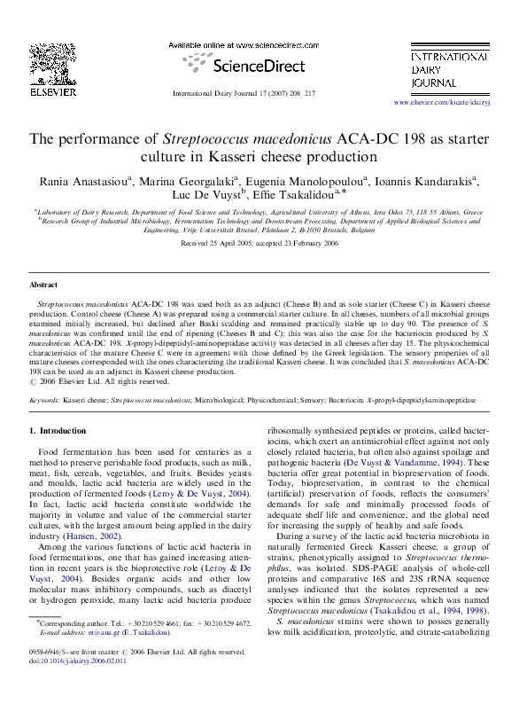(PDF) Streptococcus macedonicus ACA-DC 198 in Kasseri Cheese Making