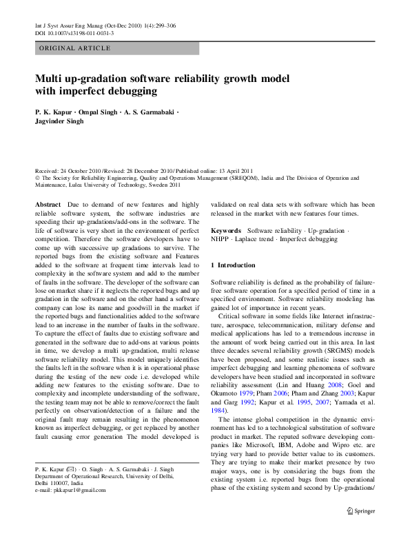Pdf Multi Up Gradation Software Reliability Growth Model With Imperfect Debugging