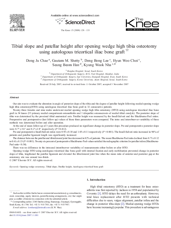 (PDF) Tibial slope and patellar height after opening wedge high tibia ...