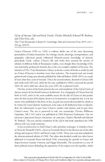 (PDF) Review of Cyriac of Ancona: Life and Early Travels. Charles ...