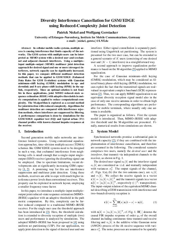 Pdf Diversity Interference Cancellation For Gsm Edge Using Reduced Complexity Joint Detection 