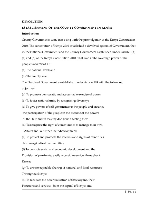 (DOC) DEVOLUTION ESTABLISHMENT OF THE COUNTY GOVERNMENT IN KENYA