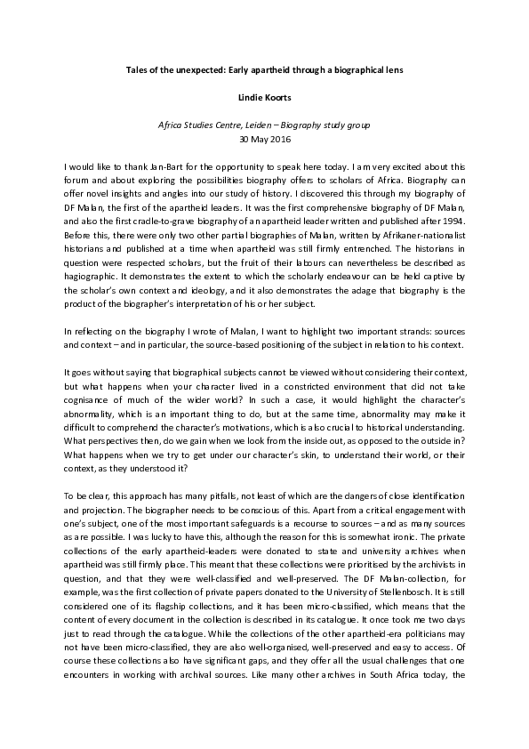 (PDF) Tales of the unexpected: Early apartheid through a biographical ...