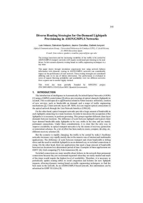 (PDF) Diverse Routing Strategies for On-Demand Lightpath Provisioning in ASON/GMPLS Networks