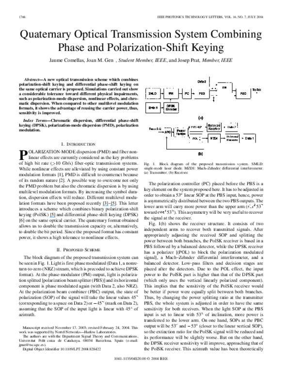 Pdf Quaternary Optical Transmission System Combining Phase And Polarization Shift Keying