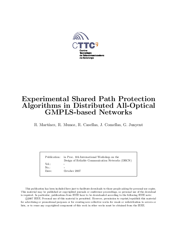 Pdf Experimental Shared Path Protection Algorithms In Distributed All Optical Gmpls Based Networks