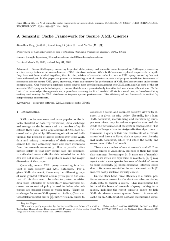 (PDF) A Semantic Cache Framework for Secure XML Queries