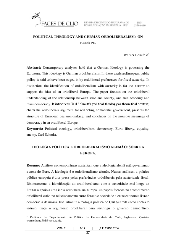 (PDF) Political Theology and German Ordoliberalism: On Europe