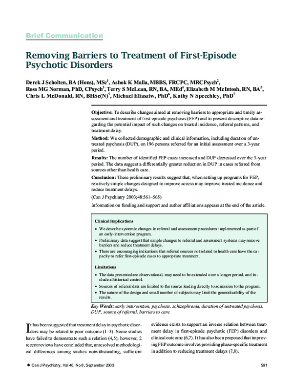 (PDF) Removing barriers to treatment of first-episode psychotic disorders (PDF) Removing barriers to treatment of first-episode psychotic disorders