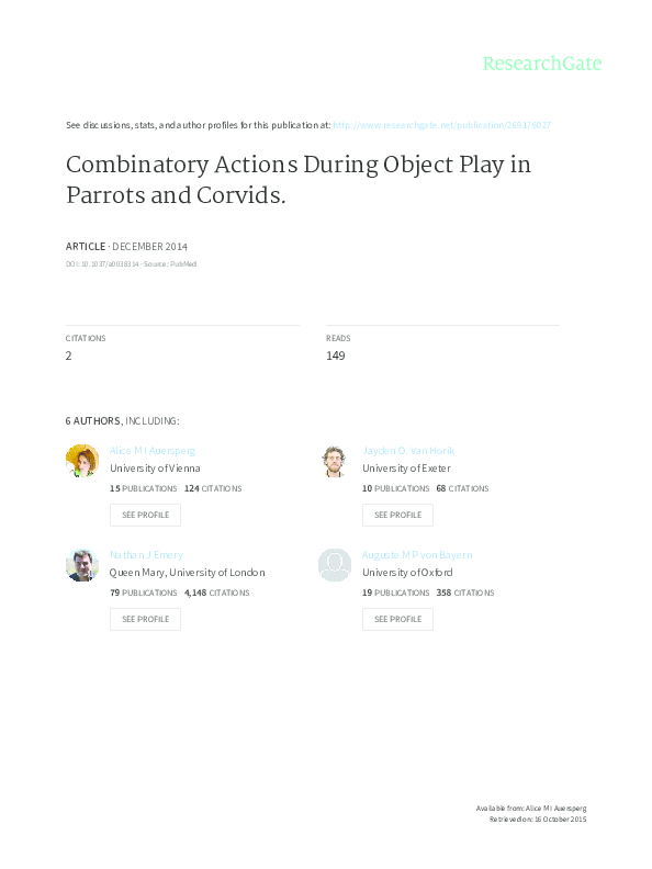 (PDF) Combinatory Actions During Object Play in Parrots and Corvids