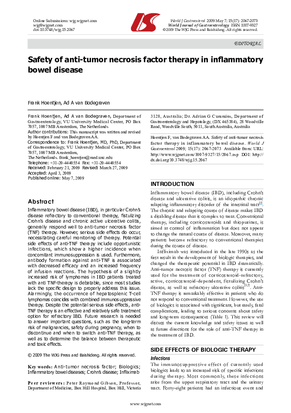 (PDF) Safety of anti-tumor necrosis factor therapy in inflammatory bowel disease
