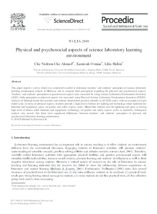 (PDF) Physical and psychosocial aspects of science laboratory learning environment