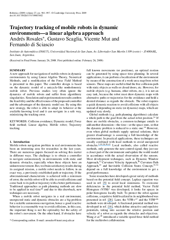 (PDF) Trajectory tracking of mobile robots in dynamic environments - a linear algebra approach
