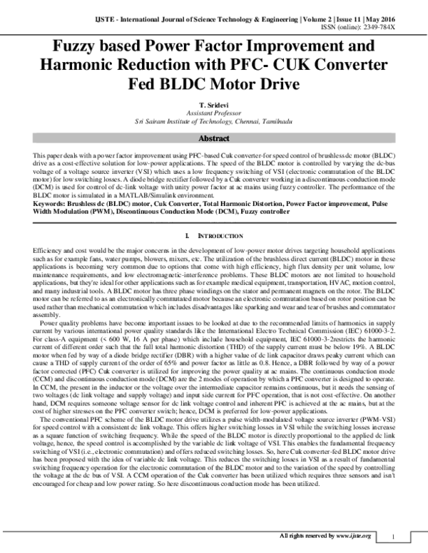 (PDF) Fuzzy based Power Factor Improvement and Harmonic Reduction with PFC- CUK Converter Fed ...