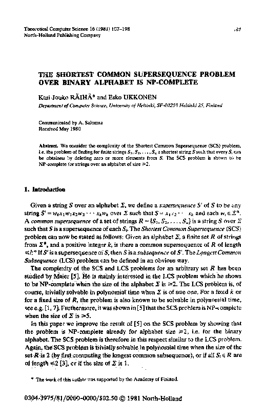 Pdf The Shortest Common Supersequence Problem Over Binary Alphabet Is Np Complete 
