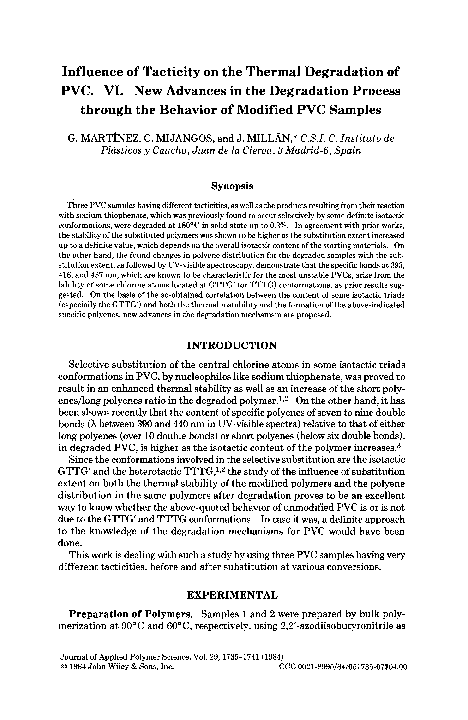 (PDF) Influence of tacticity on the thermal degradation of PVC. VI. New ...