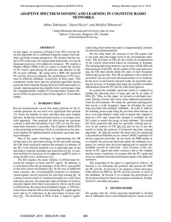 (PDF) Adaptive Spectrum Sensing and Learning in Cognitive Radio Networks