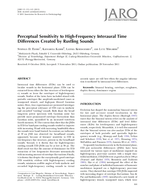 Pdf Perceptual Sensitivity To High Frequency Interaural Time Differences Created By Rustling
