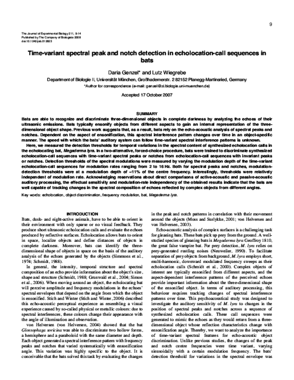 Pdf Time Variant Spectral Peak And Notch Detection In Echolocation Call Sequences In Bats