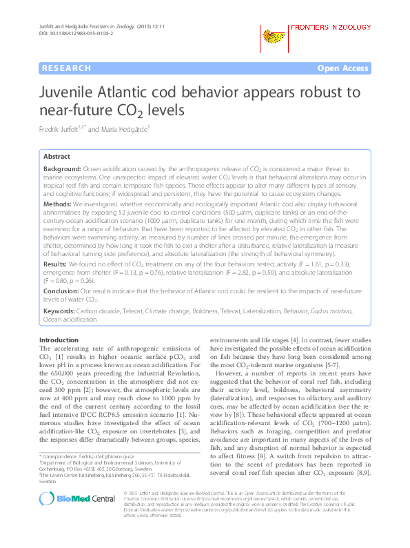 (PDF) Juvenile Atlantic cod behavior appears robust to near-future CO 2 ...