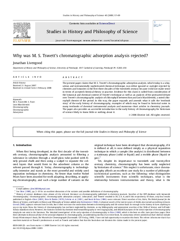 (PDF) Why was M. S. Tswett’s chromatographic adsorption analysis rejected