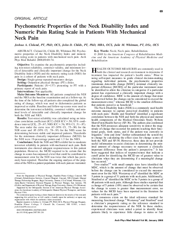 (PDF) Psychometric Properties of the Neck Disability Index and Numeric ...