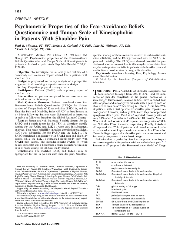 (PDF) Psychometric Properties of the Fear-Avoidance Beliefs ...