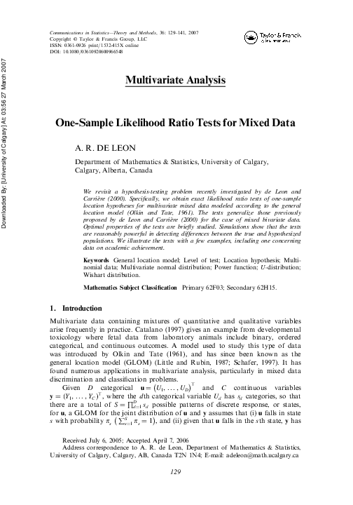 (PDF) One-Sample Likelihood Ratio Tests for Mixed Data