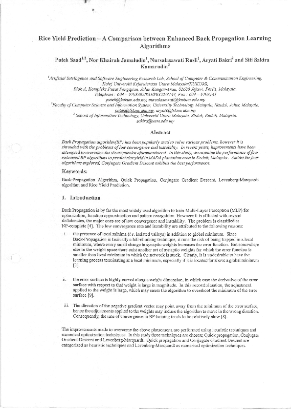 Pdf Rice Yield Prediction A Comparison Between Enhanced Back Propagation Learning Algorithms